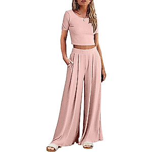 Ekouaer Women's 2 Piece Lounge Sets Short Sleeve Pajama Set Ribbed Knit Crop Top Wide Leg Pants Loungewear,Light Pink,L