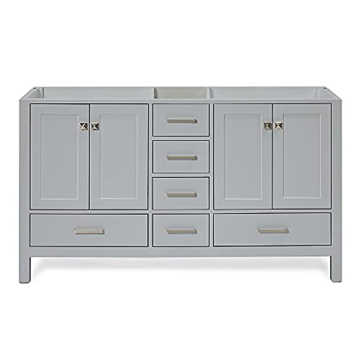 ARIEL 60" Grey Double Bathroom Vanity Base Cabinet, Double Sink Configuration, 4 Soft Closing Doors, 6 Full Extension Dovetail Drawers, Brushed Nickel