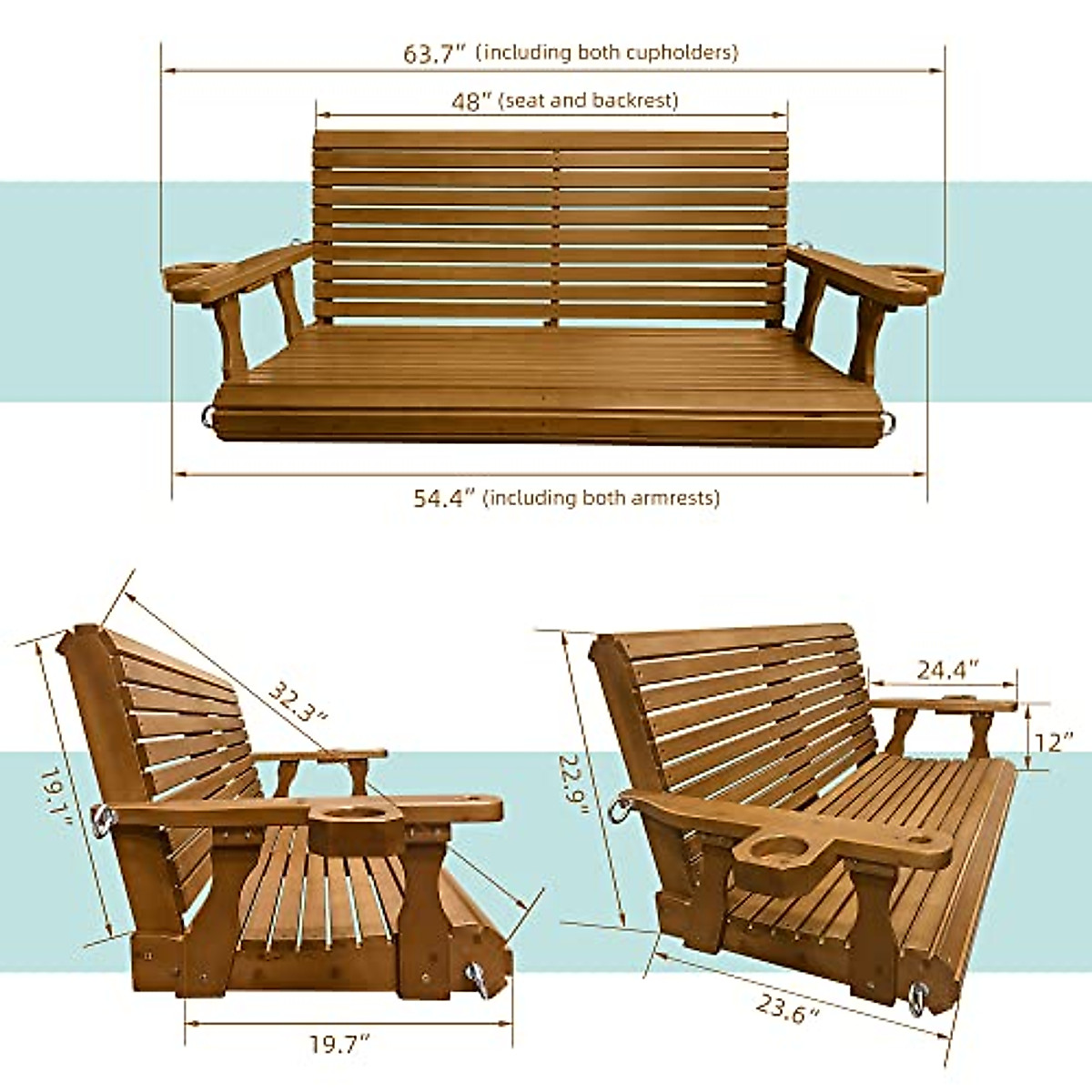 Wooden Porch Swing 2-Seater, Bench Swing with Cupholders, Hanging Chains and 7mm Springs, Heavy Duty 800 LBS, for Outdoor Patio Garden Yard (Brown - 4.5 feet)