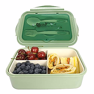 UPTRUST Bento Lunch container For Kids, Bento adult box With 3 Compartment. Leak-proof, Microwave safe, Dishwasher Safe, Freezer Safe,Meal Fruit Snack Packing Box(Spoon&Fork included) (Green)