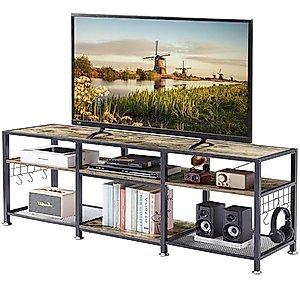 VECELO TV Stand for Televisions up to 70 Inch, Industrial Entertainment Center with 3-Tier Open Storage Shelves& Hooks for Living, Bedroom and Gaming Room, 63 Inch, Grey