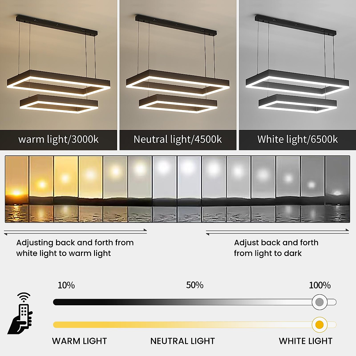 Modern Chandeliers for Living Room, 2-Ring Rectangles Pendant Light Kitchen Island Fixtures, Dimmable LED Chandelier for Dining Room Bedrooms, Black (40CM/60CM)