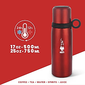 Bialetti - Stainless-steel Water Bottle 15,55oz with Lid/Cup: Double-Layered Vacuum Insulated, Keeps Drink Cold for 24 Hours and Hot for 12 Hours, Grey