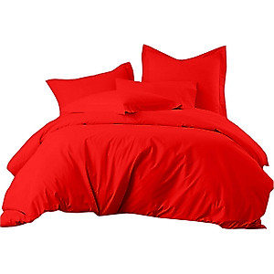 Full-Queen Bed Size Cotton Duvet Cover Set - 550 Thread Count Sateen Weave 3 Piece Bedding Set Red 100% Cotton Quilt Cover and Two Pillow Shams, with Zipper Closure and Corner Ties