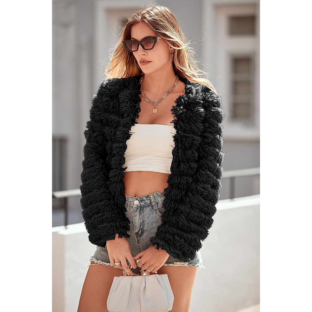 PRETTYGARDEN Womens 2024 Winter Coats Fashion Faux Fur Long Sleeve Fleece Shaggy Lightweight Fall Cropped Jacket Outerwear (Black,Medium)