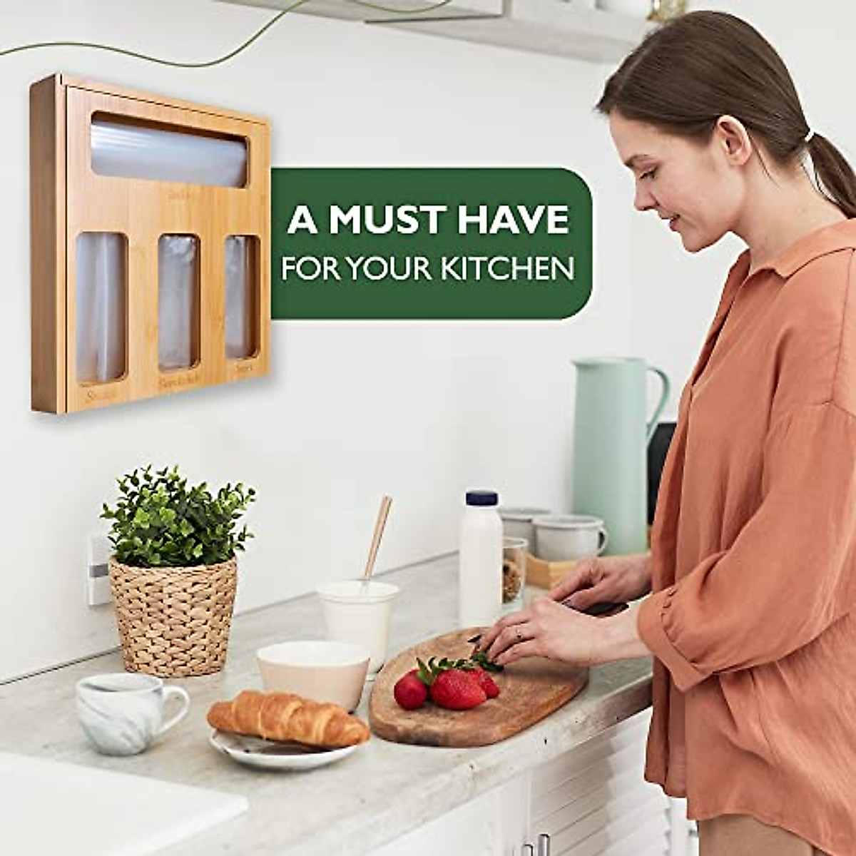 Ziplock Bag Storage Organizer for Kitchen Drawer - Bamboo Zip Lock Plastic Baggy Dispenser - Magnetic Sliding Lid for Easy Refill - Ziplock Bag Organizer Fits Gallon, Quart, Sandwich, Snack Baggies