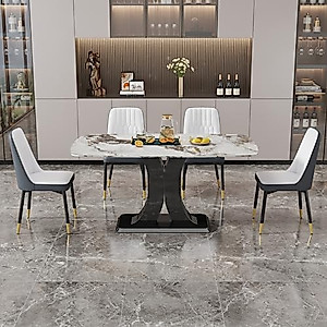 Henf 7-Piece Dining Set Modern Table and Chair Set for 6, Faux Marble Top Dining Table with 6pcs White&Gray Dining Chairs, 63'' White Dining Room Table with MDF Base, Kitchen Table Set for 6