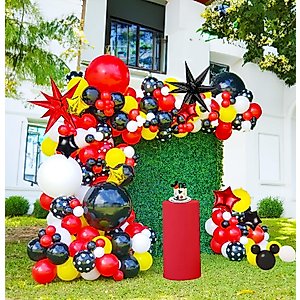 Cartoon Mouse Balloon Garland Kit 157pcs Black Red Yellow White balloons with Foil Starburst Cute dot balloons for kid Cartoon TV Video Game theme Racing car Birthday Decorations