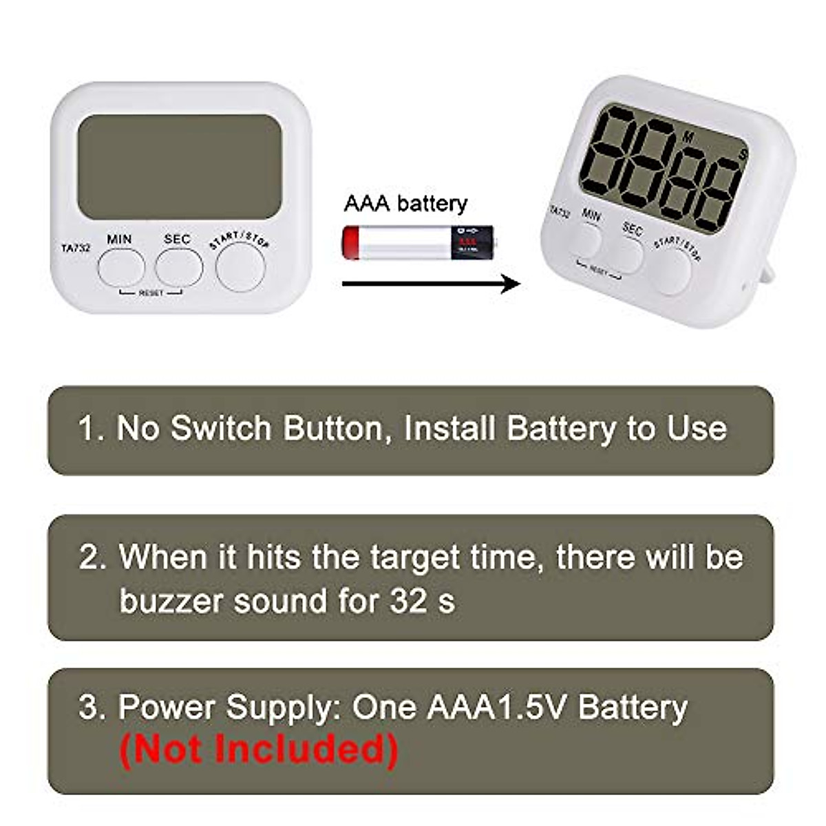 stonylab 2pk Digital Timer, 2-Pack Basic High Decibel Loud Alarm Countdown Timer Digital Timer Kitchen Timer Event Timer with Magnetic Back and Large Digits