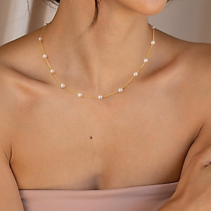 Sewyer Dainty Gold Pearl Necklace for Women 14K Gold Plated Minimalist Pearl Chain Necklace Classic Tiny Pearl Beaded Necklace Delicate Everyday Jewelry Gift