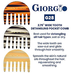 Giorgio G28 Wide Tooth Comb Detangling Comb, Pocket Comb and Travel Comb Wide Tooth Combs for Women for Thick Hair, Hair Detangler Comb For Wet and Dry Everyday Care. Handmade, Saw-Cut, and Polished