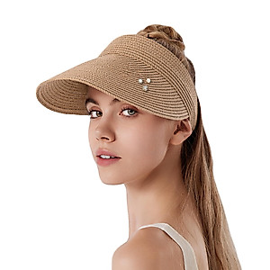 ELLEWIN Women Sun Visor Hat Wide Brim Straw Sun Visor Roll Up Sun Hat Ponytail Packable Beach Khaki Visor