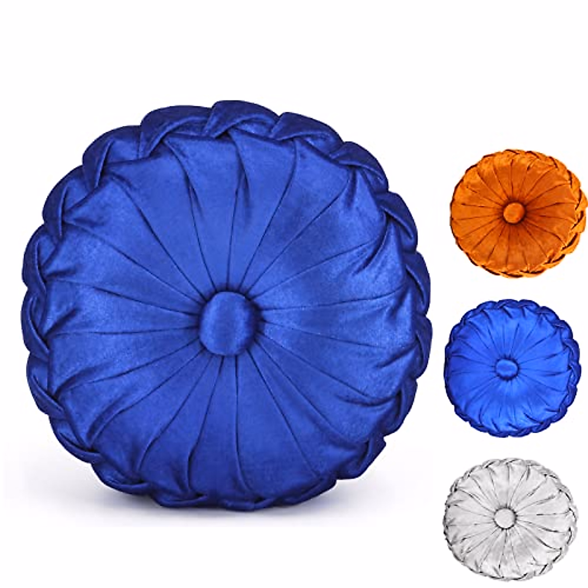 ANQILEE Royal Blue Velvet Round Pillow Pumpkin Round Cushion Throw Pillow 3D Craftsmanship HandmadePleated for Couch Decorative Floor mats Car Pillows