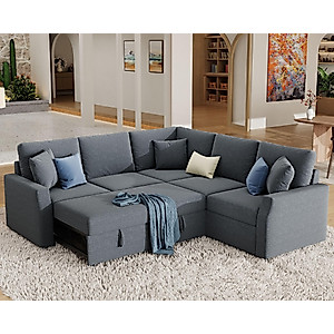 Jocisland Sofa Bed, 85 Inch Sleeper Sofa with Pull Out Bed & Storage Seat, Oversized L Shape Sectional Sofa for Living Room Apartment, Grey Linen Reversible Couch