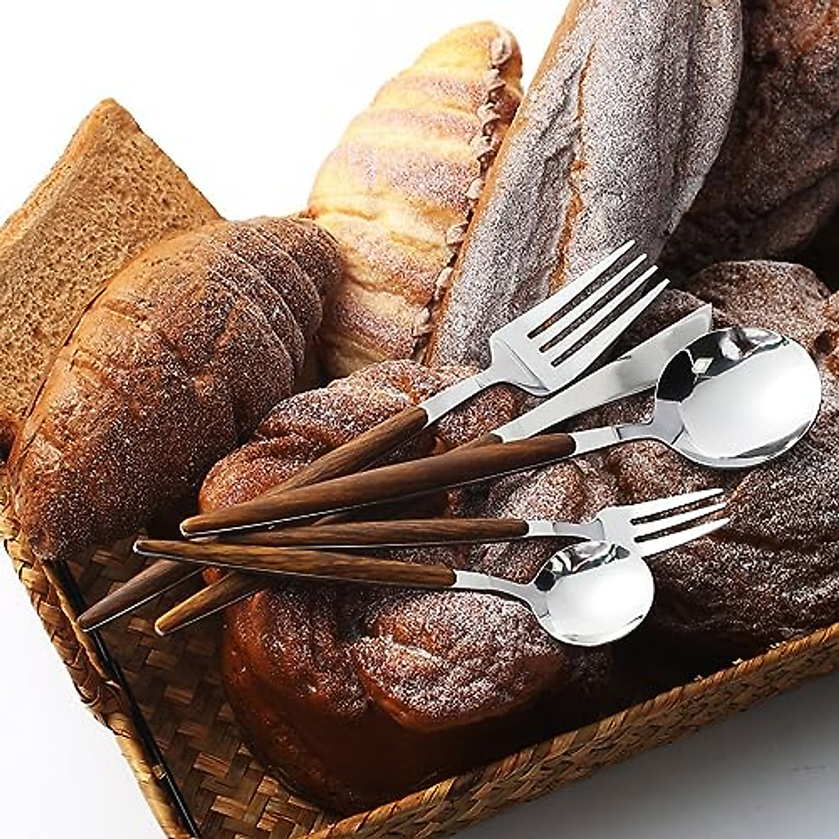 Aimilan 30 Piece Silverware Set for 6, 18/10 Stainless Steel Imitation Wooden Handle Flatware Cutlery Set for Home Kitchen Restaurant, Mirror Finish, Dishwasher Safe (30-Piece for 6)