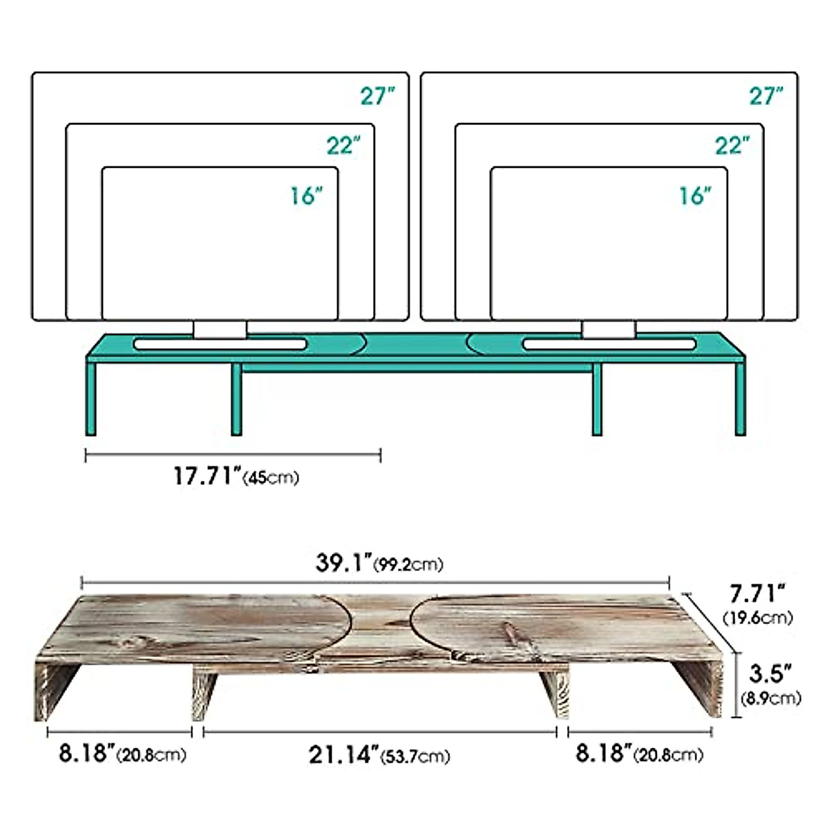 J JACKCUBE DESIGN Rustic Wood Dual Monitor Stand with Adjustable Angle Riser 2 Monitors Office Desk Organizer Computer Table top Screen Shelf for PC TV Laptop - MK547A