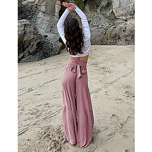Xiaoxuemeng Women's Tiered Palazzo Pants Flowy Elastic High Waisted Wide Leg Beach Pants (Pink-XL)