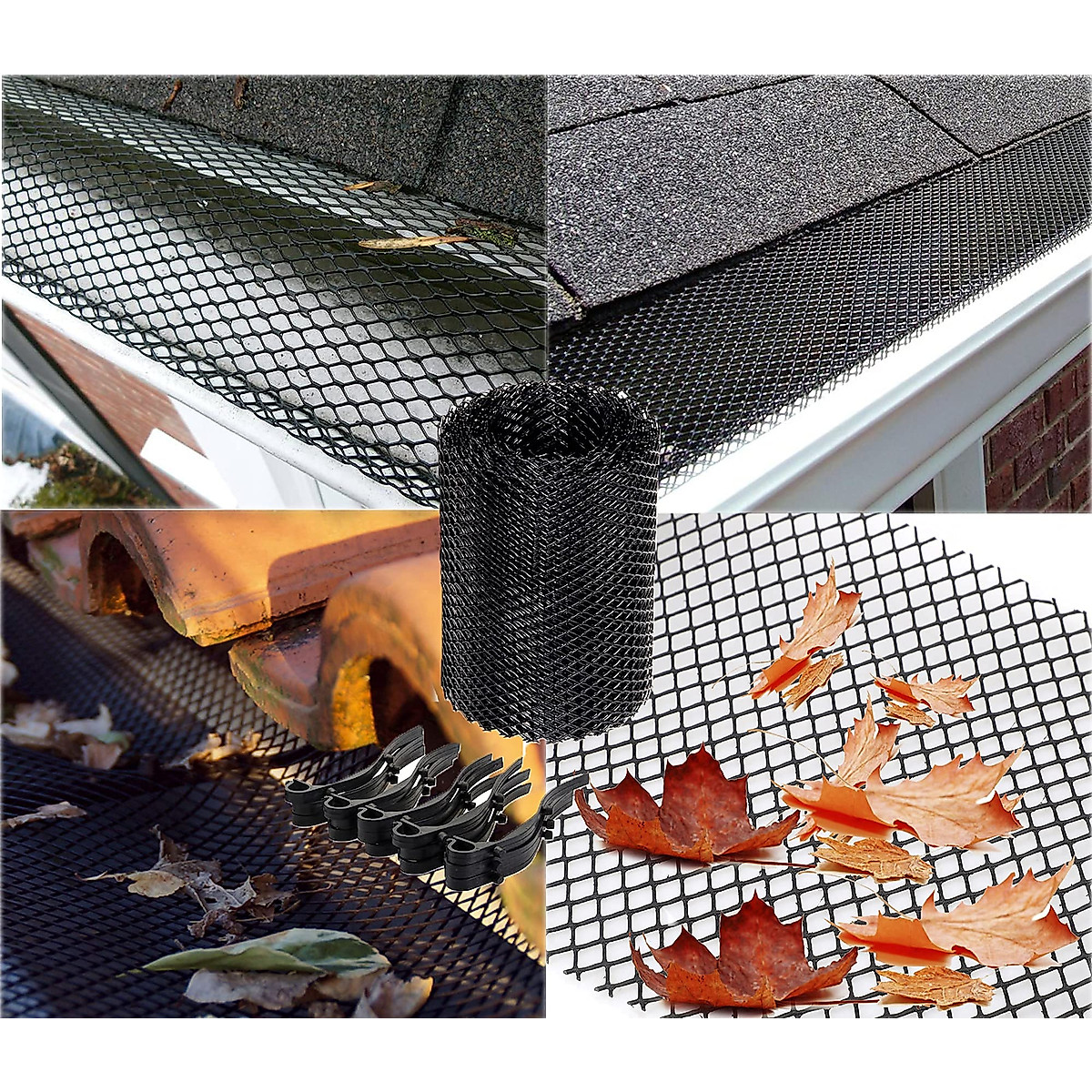 2-Pack Plastic Gutter Guard Mesh Roll 6” x 20Ft Rain Gutter Leaf Guard-Stop Clogged Gutters-with 20 Clip Fixed Hooks.DIY Gutter Protection.