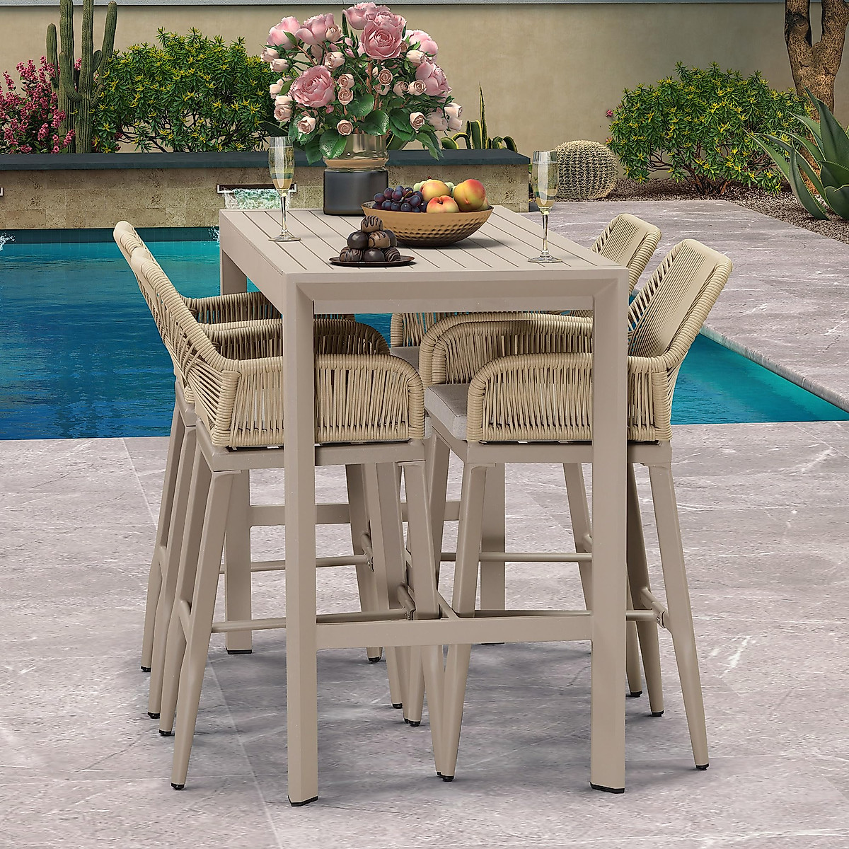 PURPLE LEAF Outdoor 29" Bar Stools Set of 4, Boho Patio Bar Height Chair with Cushion and Back for Outdoor and Indoor, Kitchen, Garden, Patio, Champagne