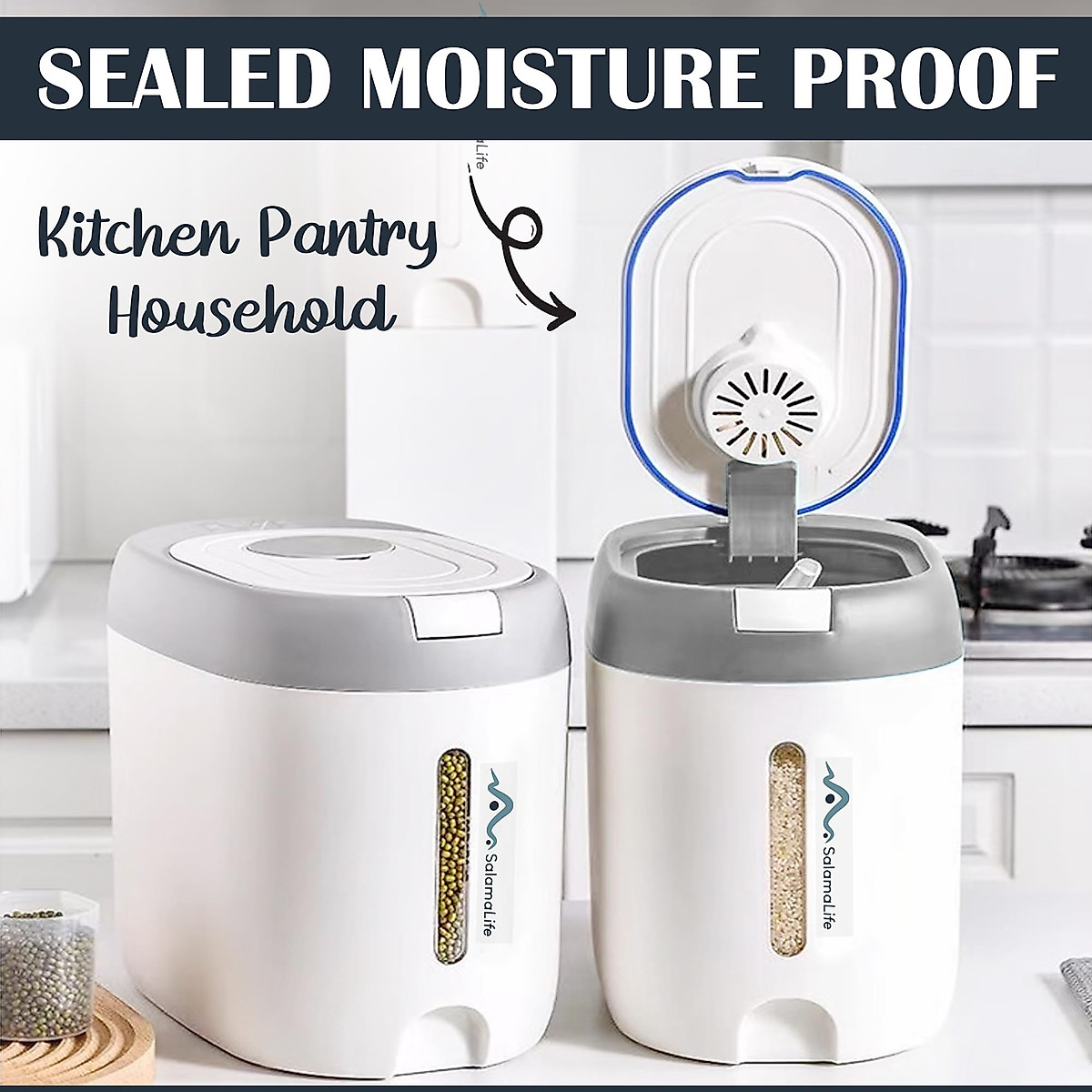 SalamaLife Airtight Food Storage Multi-Purpose Plastic Container with Lids -22 lbs Bucket, Rice dispenser & sugar container-dog food storage, Cereal & Grain Storage- White/Grey