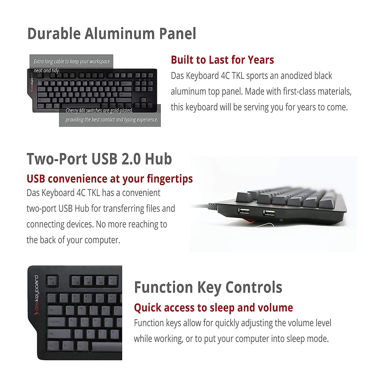Das Keyboard 4C TKL Wired Tenkeyless Mechanical Keyboard, Cherry MX Brown Mechanical Switches, Premium PBT Keycaps, 2-Port USB Hub (87 Keys, Black Keyboard, Gray PBT Keycaps)