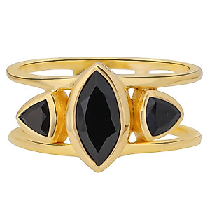 YoTreasure Black Onyx Solid 14K Gold Plated Over 925 Silver 3 Stone Ring (10)