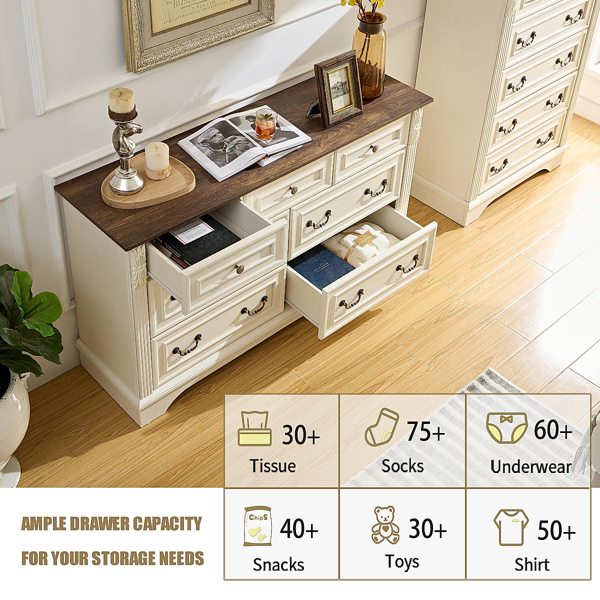 BLANKSPACE Rustic White Dresser for Bedroom,7 Drawers Dresser, Farmhouse Dresser for Living Room,7 Chest of Drawers with Thickened Wood Carving for Closet,Hallway