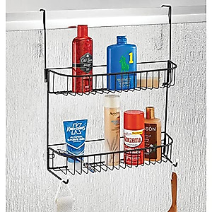 mDesign Extra Wide Metal Wire Over the Bathroom Shower Door Caddy, Hanging Storage Organizer with Built-In Hooks and Baskets on 2 Levels for Shampoo, Body Wash, Loofahs, Rust Resistant - Matte Black
