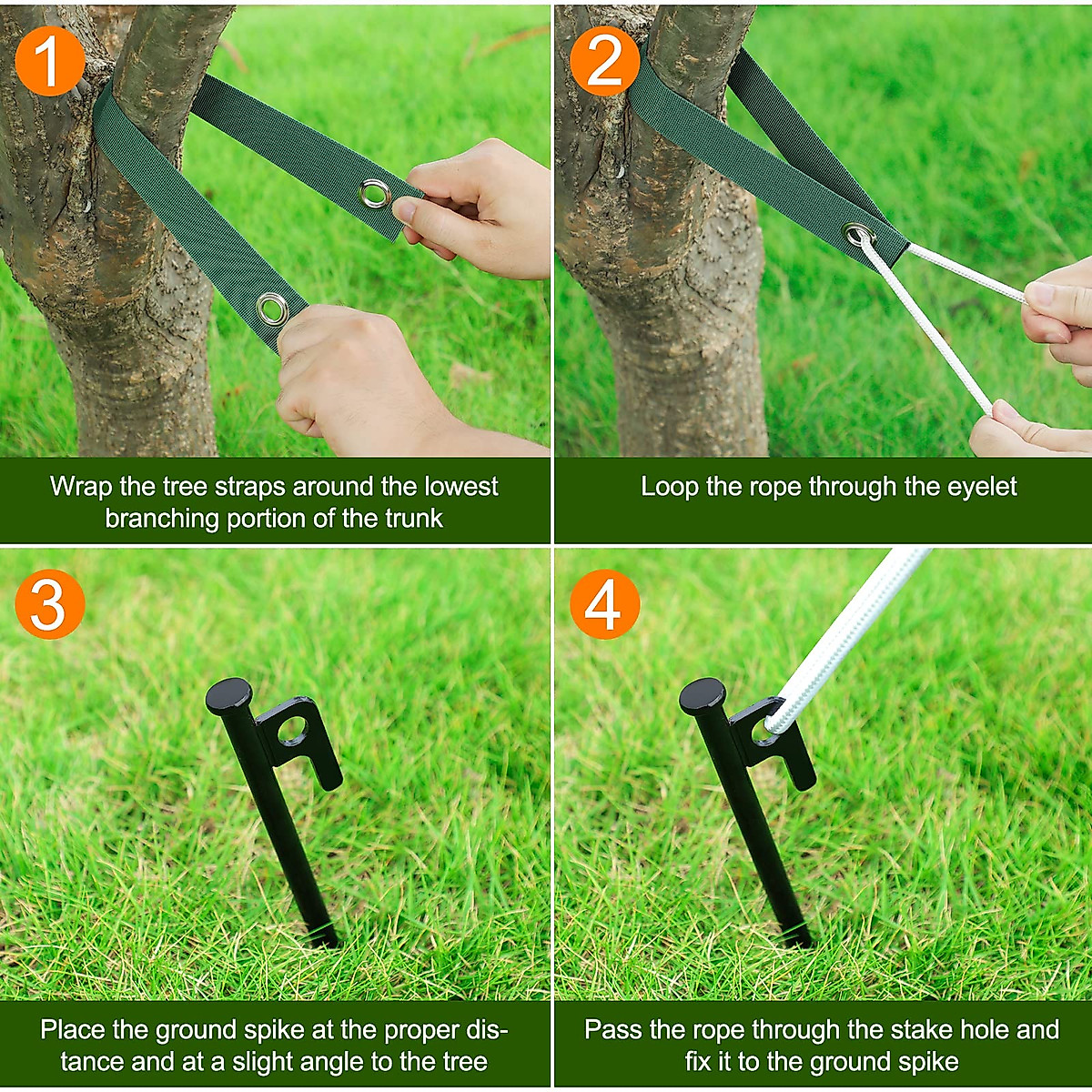 Jevrench Tree Stake Kits, Heavy Duty Tree Stakes and Supports Kits for Young Trees Against Bad Weather, 3 Pcs Tree Stake, 3 Pcs Tree Straps, 32.8 FT Rope