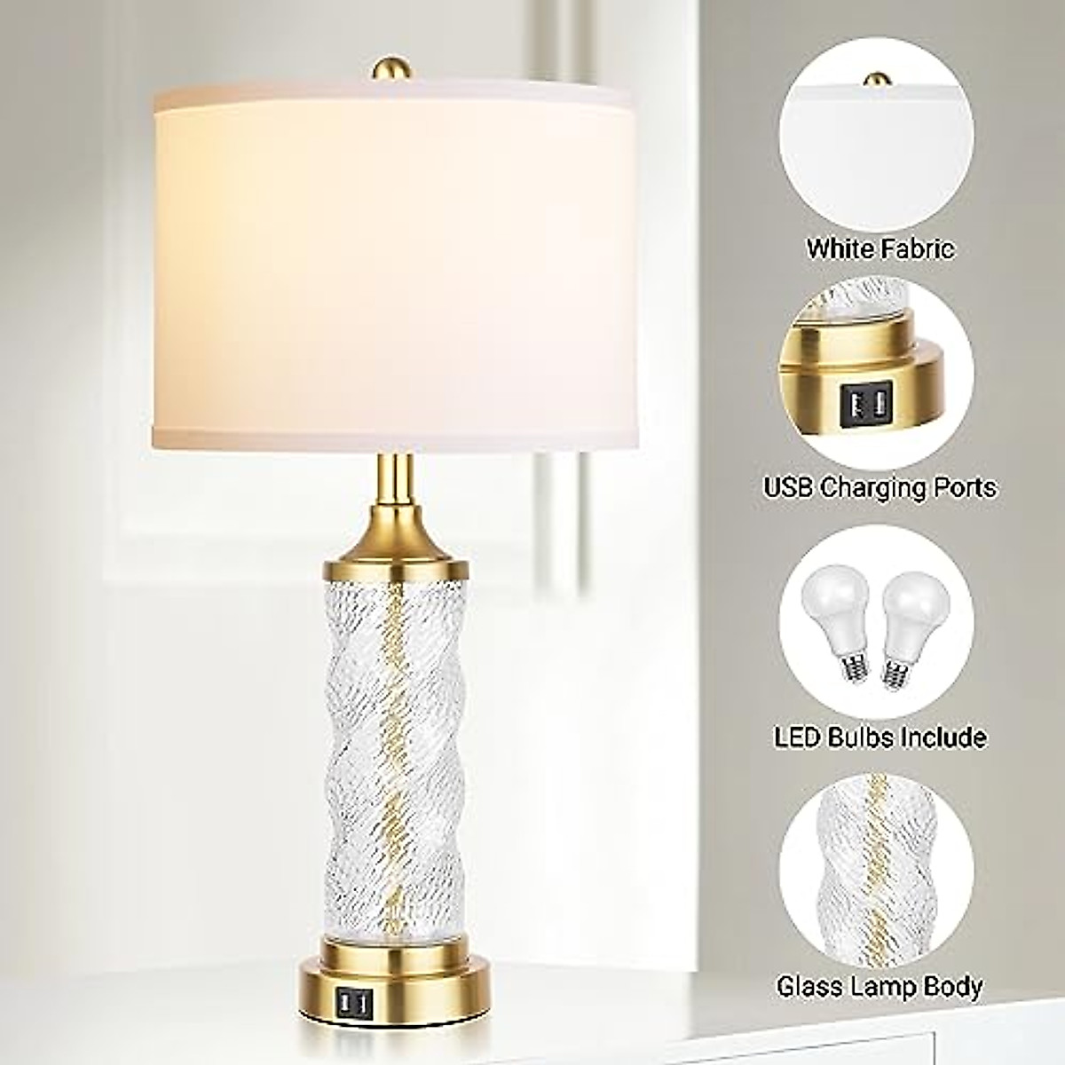 QiMH Gold Lamps for Bedroom Set of 2, Touch Control Table Lamps for Living Room with Dual USB Charging Ports, 3-Way Dimmable Bedside Lamp with White Drum Lamp Shade Home Decor (Bulbs Included)