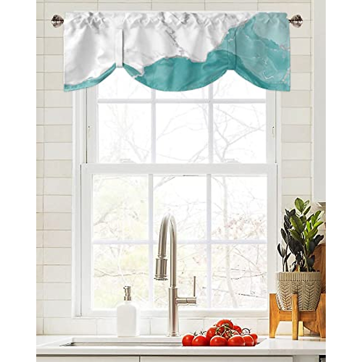 Segard Tie Up Valance for Windows,Marble Turquoise Gold and White Colors Kitchen Valances Adjustable Rod Pocket Window Shade Valance,Ink Painting Short Curtains Window Treatment for Bedroom 60x18in