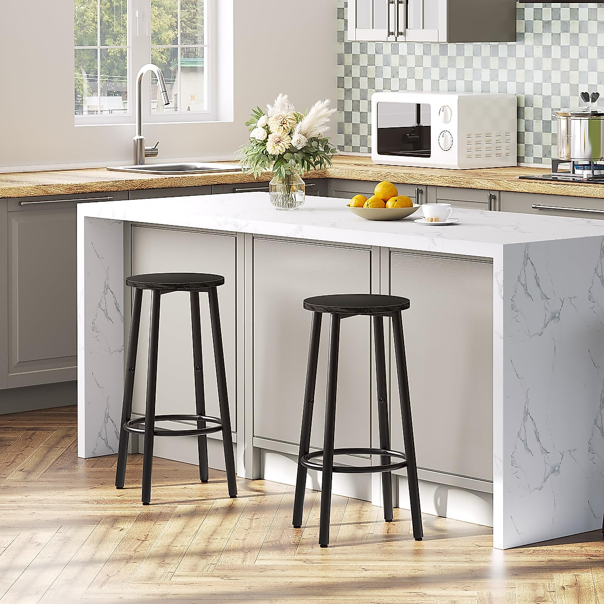 HOOBRO Bar Stools, Set of 2 Bar Chairs, Kitchen Round Height Stools with Footrest, Breakfast Bar Stools, Sturdy Steel Frame, for Dining Room, Kitchen, Party, Easy Assembly, Black BK03BY01