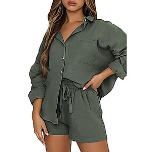 Trendy Queen 2 Piece Outfits Women Lounge Matching Sets Two Piece Linen Shorts Sets 2023 Fall Fashion Outfits Beach Vacation Summer Tracksuit