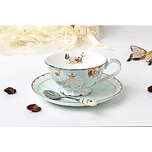 Fine Bone China Tea Cups and Saucers, Pastel Blue Floral Design Coffee Mug Tea Cups Set with Gift Box for Women Mom, 7 Ounces