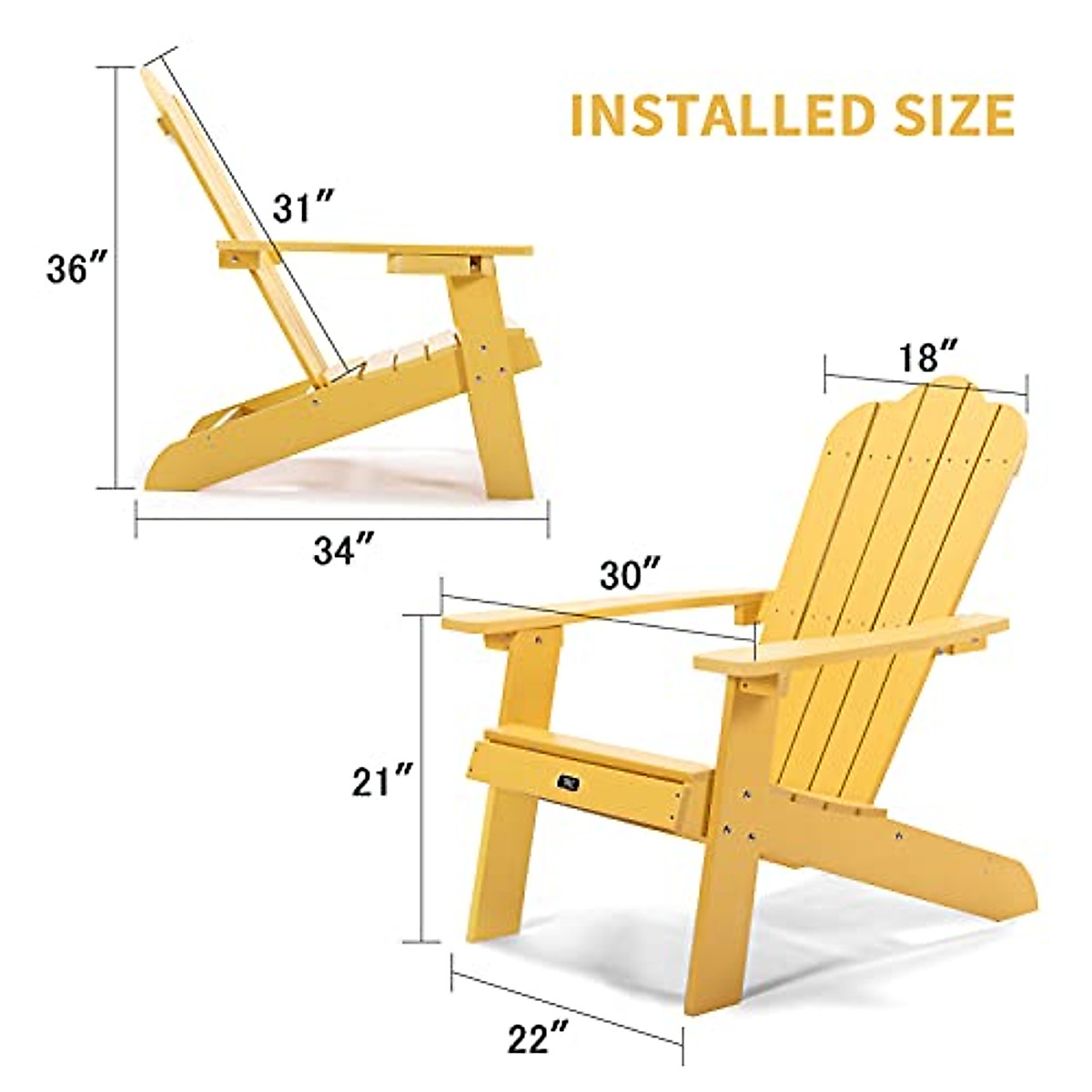 MengK Tale Adirondack Chair Backyard Furniture Painted Seating with Cup Holder Plastic Wood for Lawn Outdoor Patio Deck Garden Porch Lawn Furniture Chairs Yellow