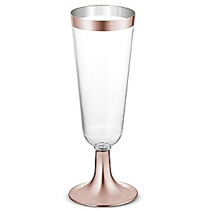 50 Plastic Rose Gold Rimmed Champagne Flutes | 5.5 oz. Clear Hard Disposable Party & Wedding Cups | Premium Heavy Duty Fancy Champagne Flute or Toasting Glasses (50-Pack) Gold Rim by Bloomingoods
