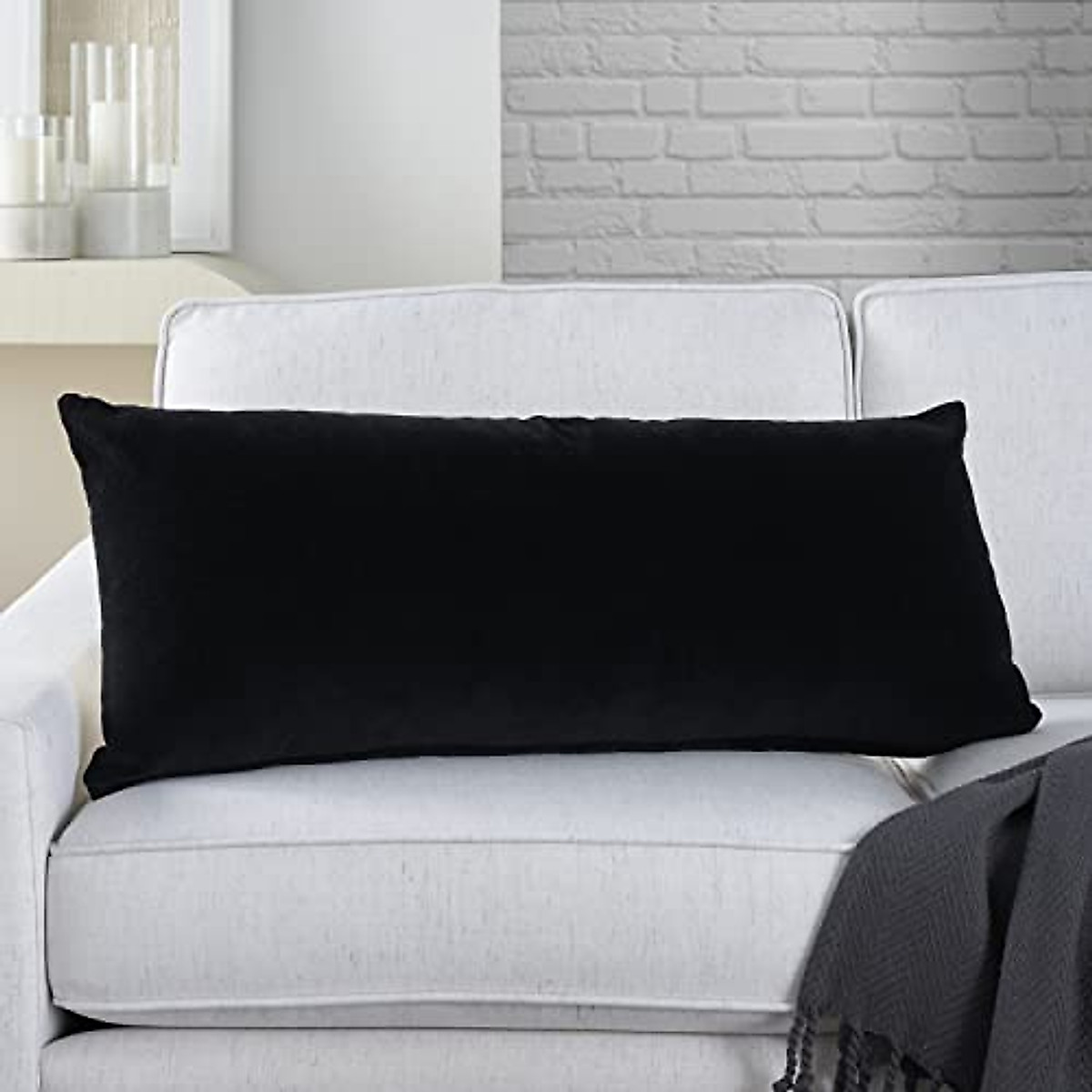 Mina Victory Life Styles Solid Velvet Lumbar Black 12" x 30" Throw Pillow