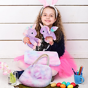 4 Pieces Unicorn Toys for Girls Plush Stuffed Unicorn Toys, XL Furry Bag and Doll Blanket, Adorable Plush Stuffed Animal Toy for Birthday Party Favors (Purple)