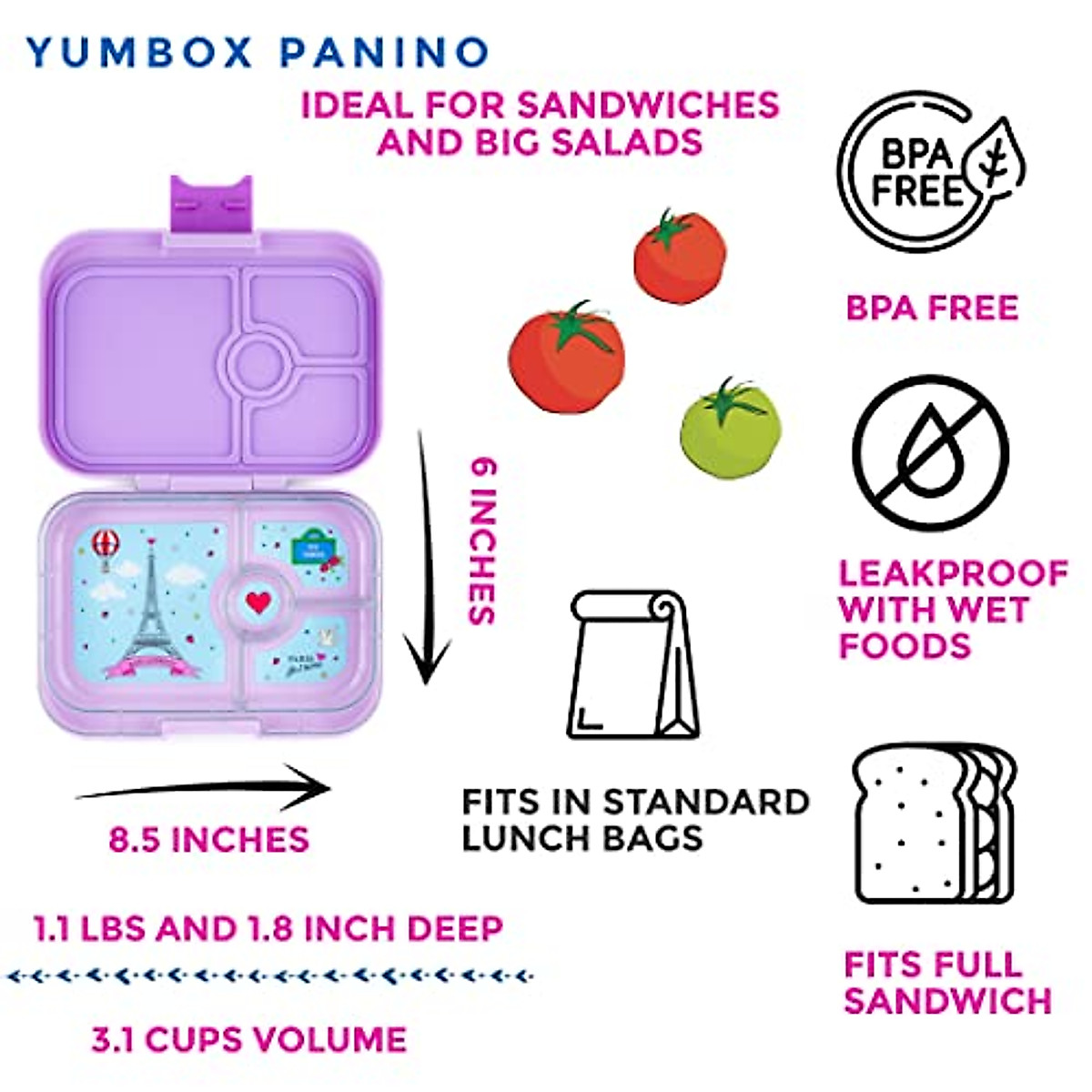Yumbox Leakproof Bento Box Panino: 4-Compartment Kids & Adults Bento; Perfect for Sandwich Packed Lunch; Compact 8.5x6x1.8; Healthy Portions (Lulu Purple with Paris Themed Tray)