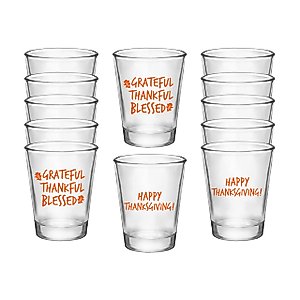 Grateful, Thankful,Blessed Thanksgiving Shot Glasses - Set of 12 Glass Turkey Day Holiday Drinkware - Fall Decor Drink Accessories with Double-Sided Prints - Novelty Home & Friends Giving