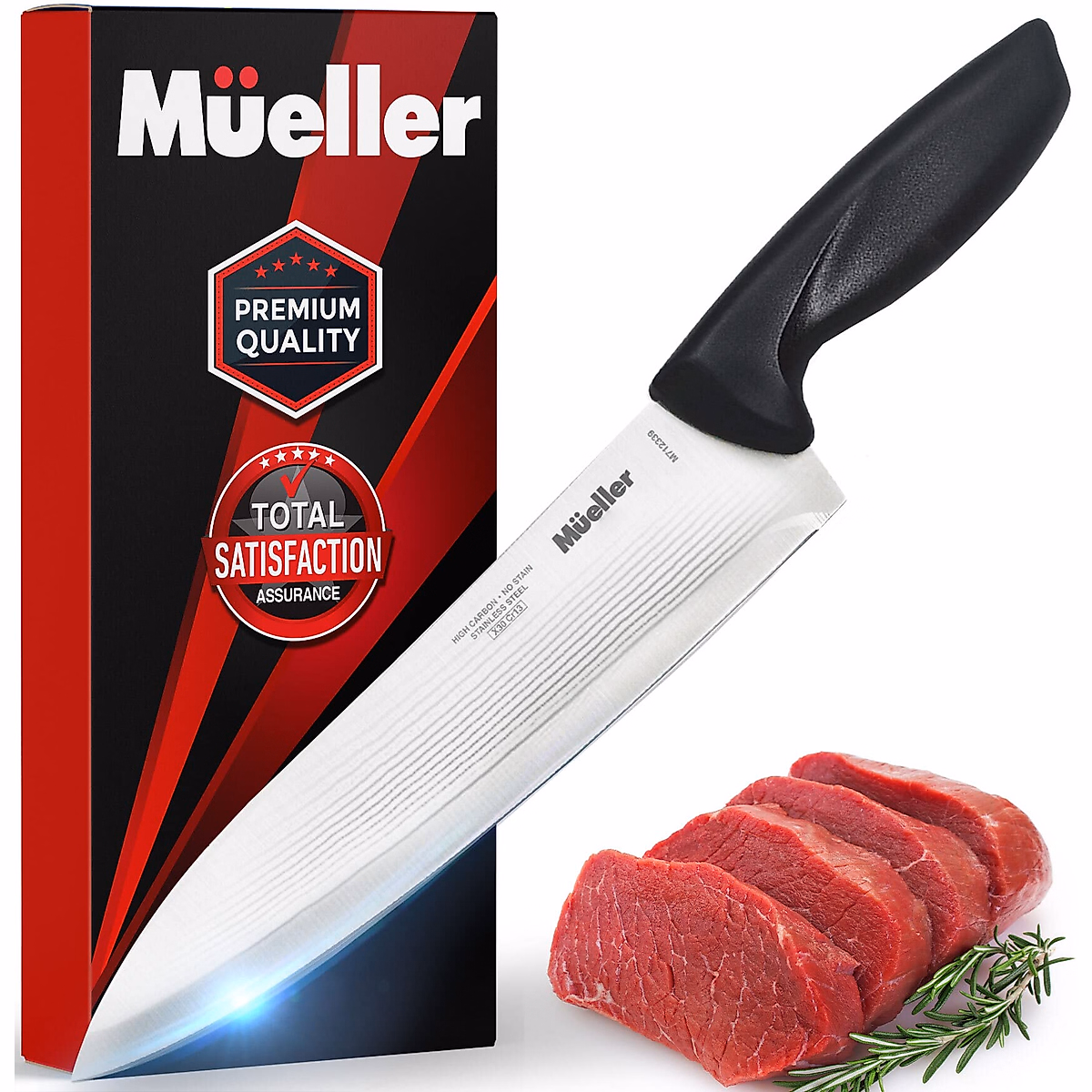 Mueller Professional Chef Knife, 8" Sharp Stainless Steel Kitchen Knife with Ergonomic Handle, Chopping Knife for Meat, Vegetables
