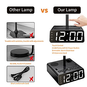 Table Lamp with Alarm Clock, Charging Station, USB C & A, AC Outlet Ports, Speakers, Radio FM - Power Outlet with Touch Control 3-Way Dimmable Nightstand Lamp for Kids Study Room, Bedroom