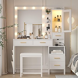 CSZZD Makeup Vanity Desk with Mirror and Lights, White Vanity Table Set with Charging Station, LED Cabinet, 5 Drawers & Storage Bag, 3 Lighting Modes, Bedroom Vanity Mirror with Lights Desk and Chair