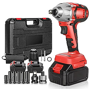 GYZJ Cordless 𝐈𝐦𝐩𝐚𝐜𝐭 Wrench 𝟏/𝟐" Brushless High Torque Wrenches 210 ft-lbs (280N.m) Right Angle Detent Anvil Impact Drive Set Kit 𝟐 Battery 𝟏𝟖𝐕 Chuck/Drill/Sockets/Tool Box/Fast Charger