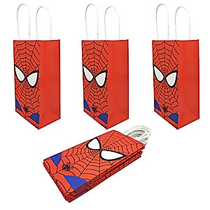 NiceLife 12 Pieces Spider Web Printed Kraft Paper Goodie Gift Bags with Handle for Kids Superhero Themed Birthday Party Decorations