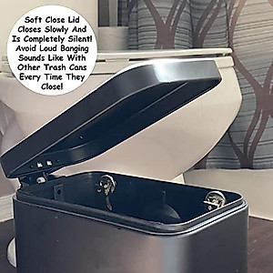 Soft Close, Rectangular Trash Can 5L with Anti - Bag Slip Liner and Lid, Use as Mini Garbage Basket, Slim Dust Bin, or Decor in Bathroom, Restroom, Kitchen, or Bedroom (5L / 1.3 Gallon, Matte Black)