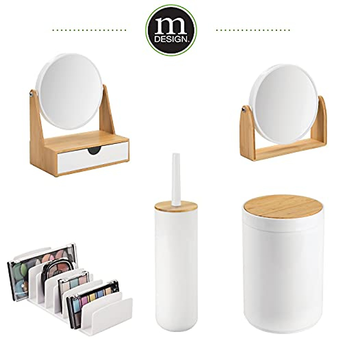 mDesign Plastic Round Trash Can Small Wastebasket, Garbage Bin Container with Swing-Close Lid, Kitchen, Bathroom, Home Office, Bedroom Basket; Holds Waste, Recycling,1.3 Gallon - White/Natural