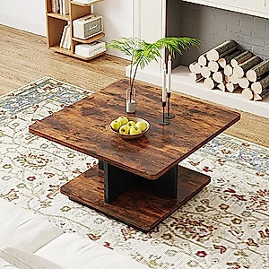 Tribesigns Wood Square Coffee Table: 31.5 Inches 2 Tiers Farmhouse Coffee Table, Wooden Rustic Coffee Table with Storage, Mid Centry Modern Home Furniture for Living Room, Brown