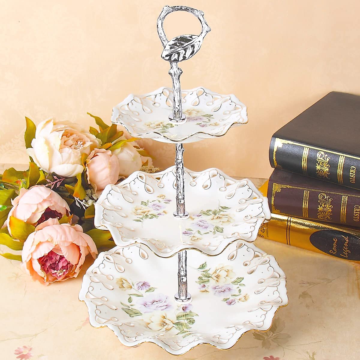 3-Tier 13.5’’ Cupcake Stand Hardware Fittings, Metal Mold Crown Holder DIY Making for Fruit Plate Cake Stand Snack Tray Replacement Parts for Tea Party Wedding Decoration (3 Sets - Silver Leaf)