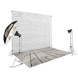 8'x12' White Brick Wall with Gray Wooden Floor Photography Backdrop Vinyl Background for Pictures D-2504
